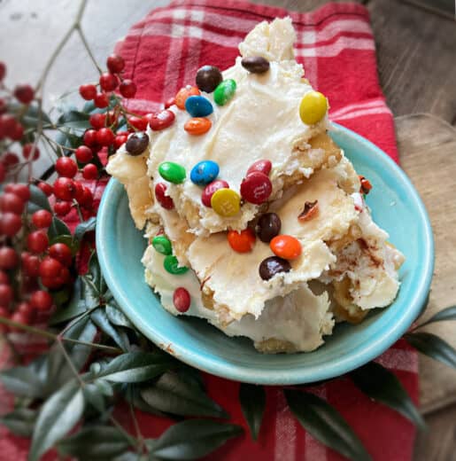 15 Min. • White Chocolate Saltine Toffee with M&Ms • Loaves and Dishes